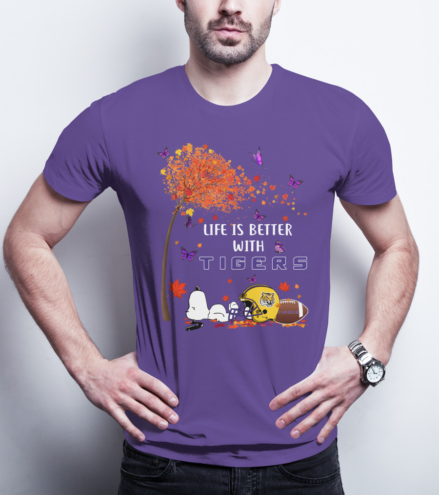 Life Is Better With Tigers Football Leaves Butterflies Helmet T-Shirt