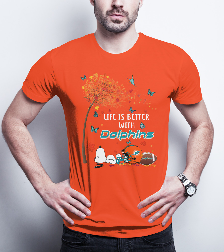 Life Is Better With Dolphins Miami Football Autumn Tree Snoopy Butterflies T-Shirt