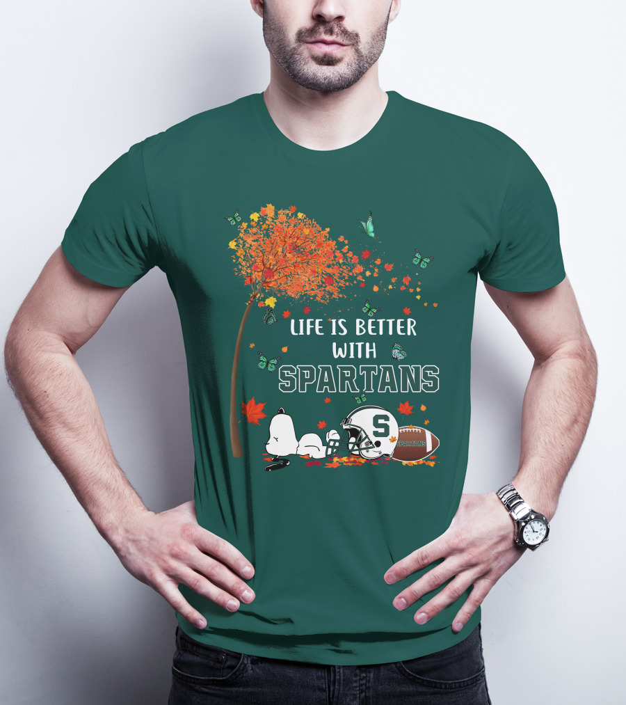 Life Is Better With Spartans Michigan State Football Autumn Leaves Butterflies T-Shirt
