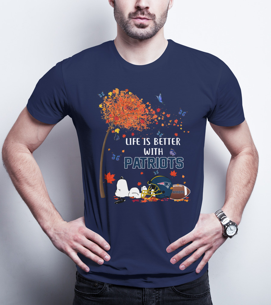 Life Is Better With Patriots New England Football Autumn Tree Butterfly T-Shirt
