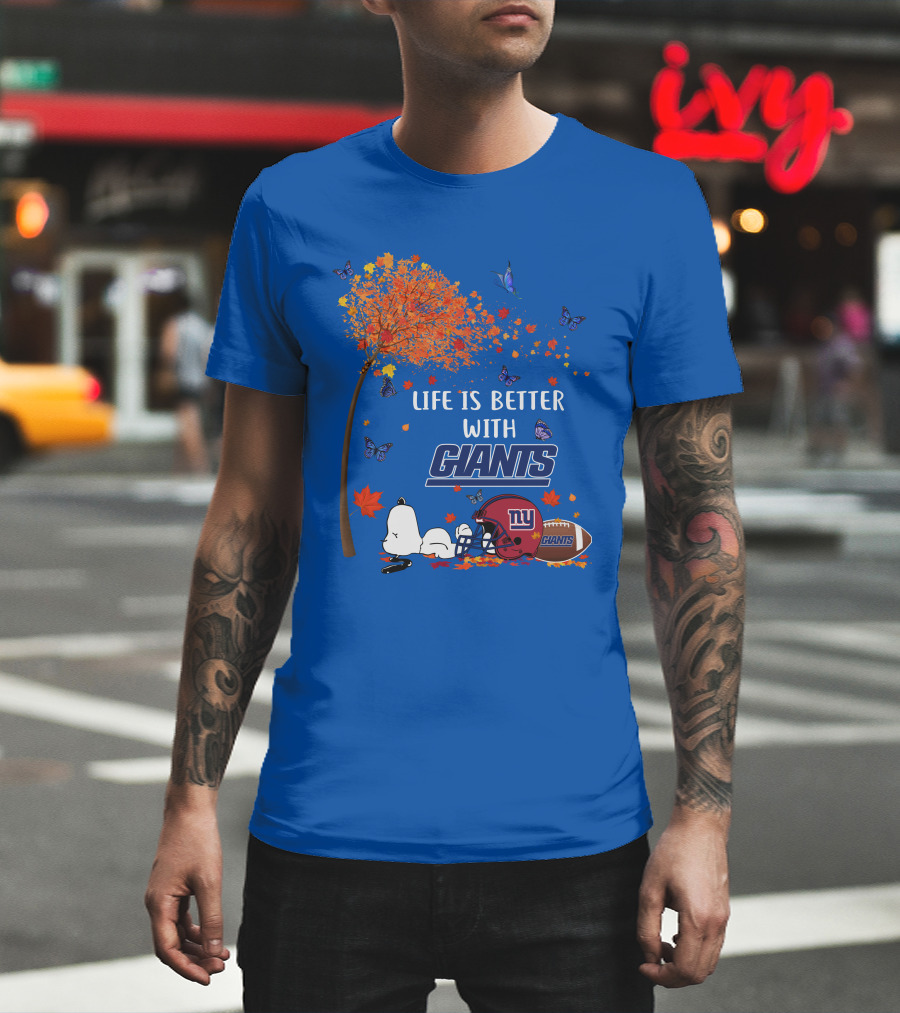 Life Is Better With Giants New York Giants Football Autumn Leaves Snoopy Butterflies T-Shirt