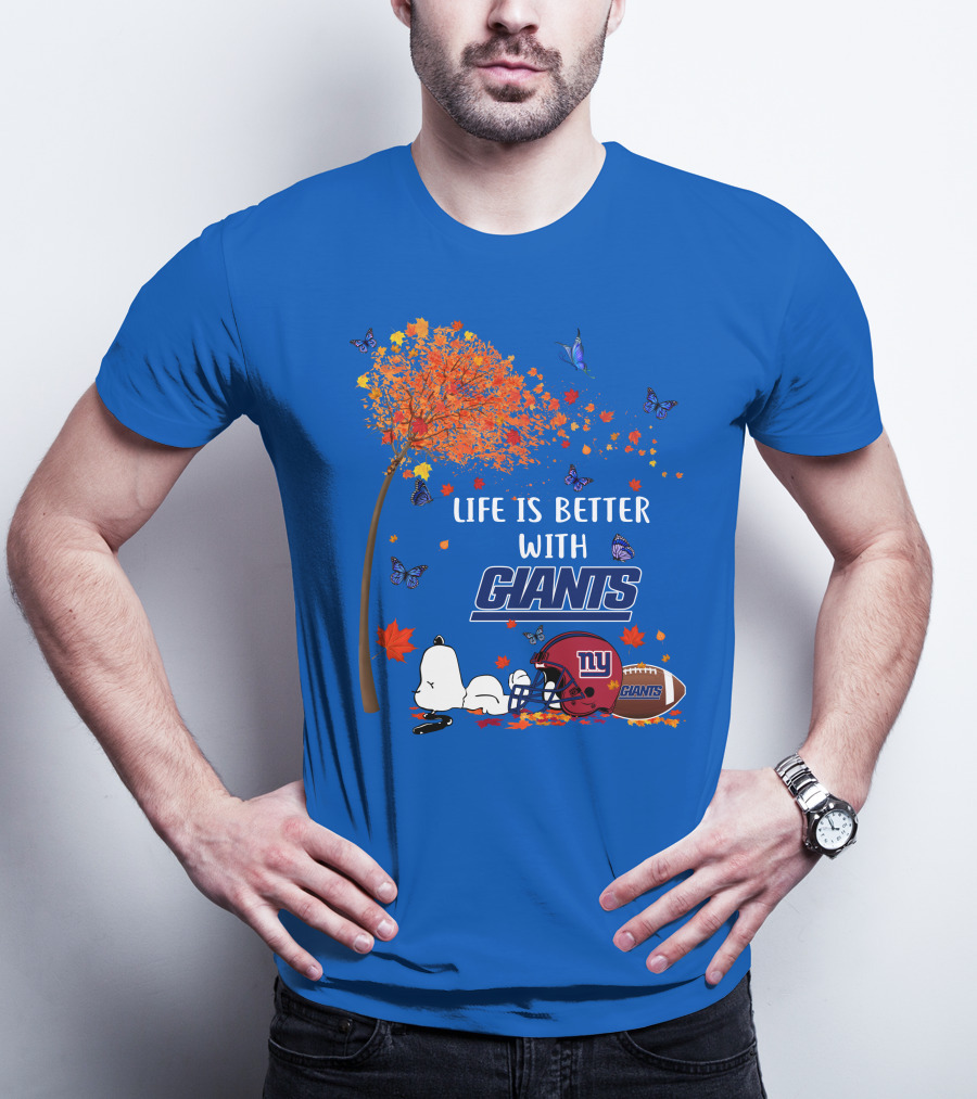 Life Is Better With Giants New York Giants Football Autumn Leaves Snoopy Butterflies T-Shirt
