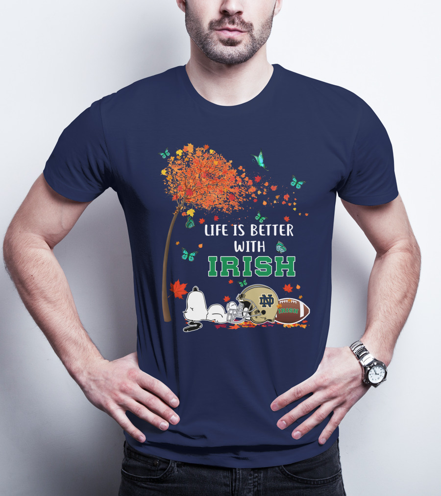 Life Is Better With Irish Autumn Leaves Football Helmet Snoopy Notre Dame T-Shirt