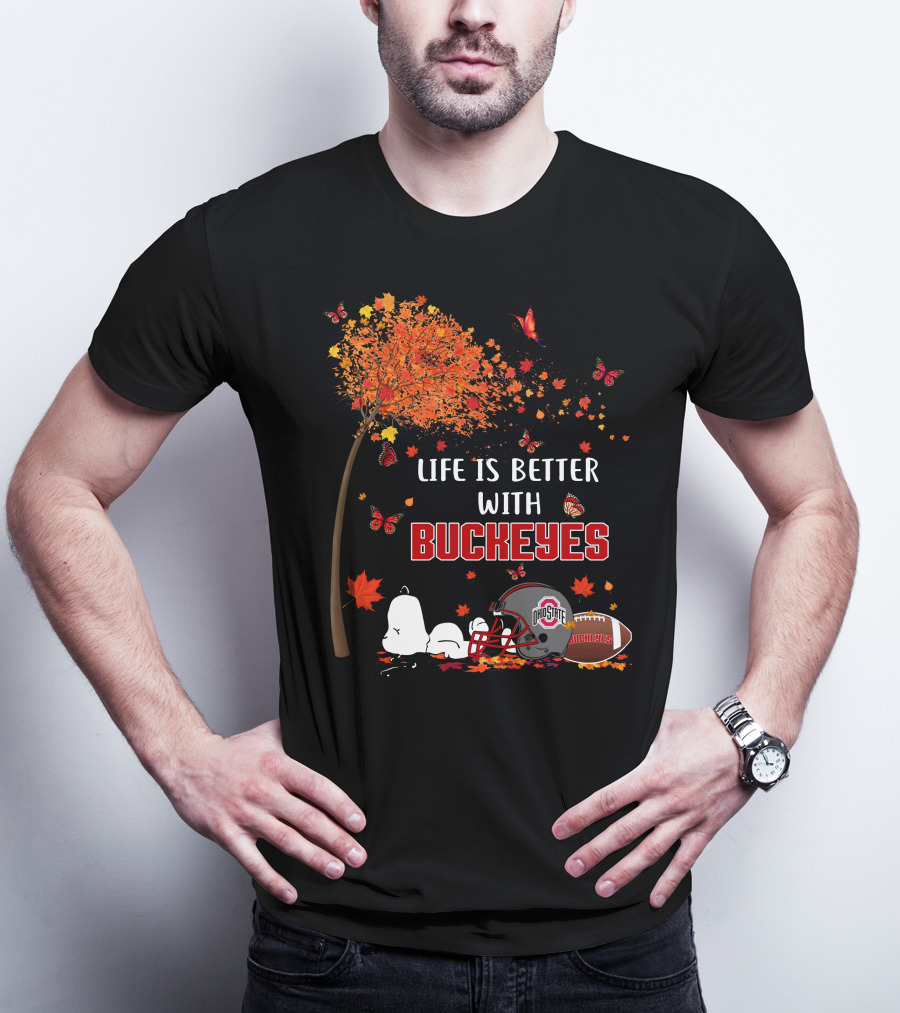 Life Is Better With Buckeyes Ohio State Football Autumn Leaves Butterflies T-Shirt