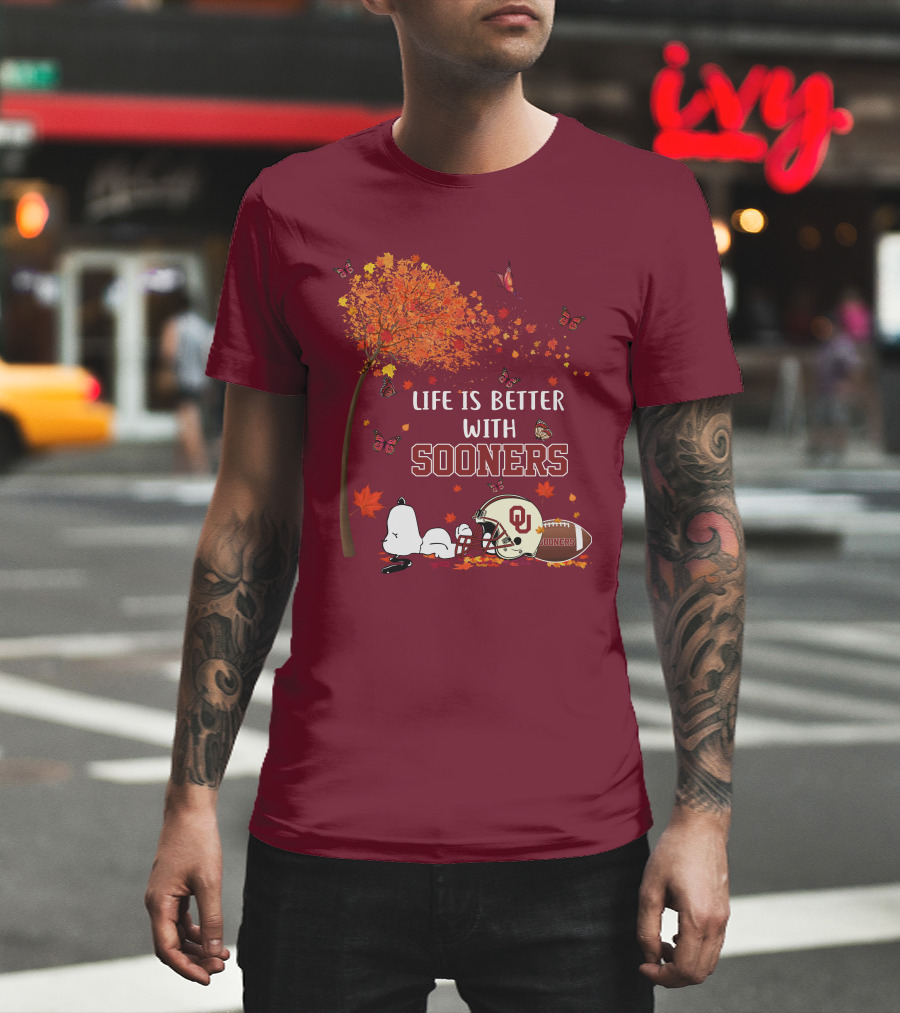 Life Is Better With Sooners Football Autumn Leaves And Butterflies T-Shirt