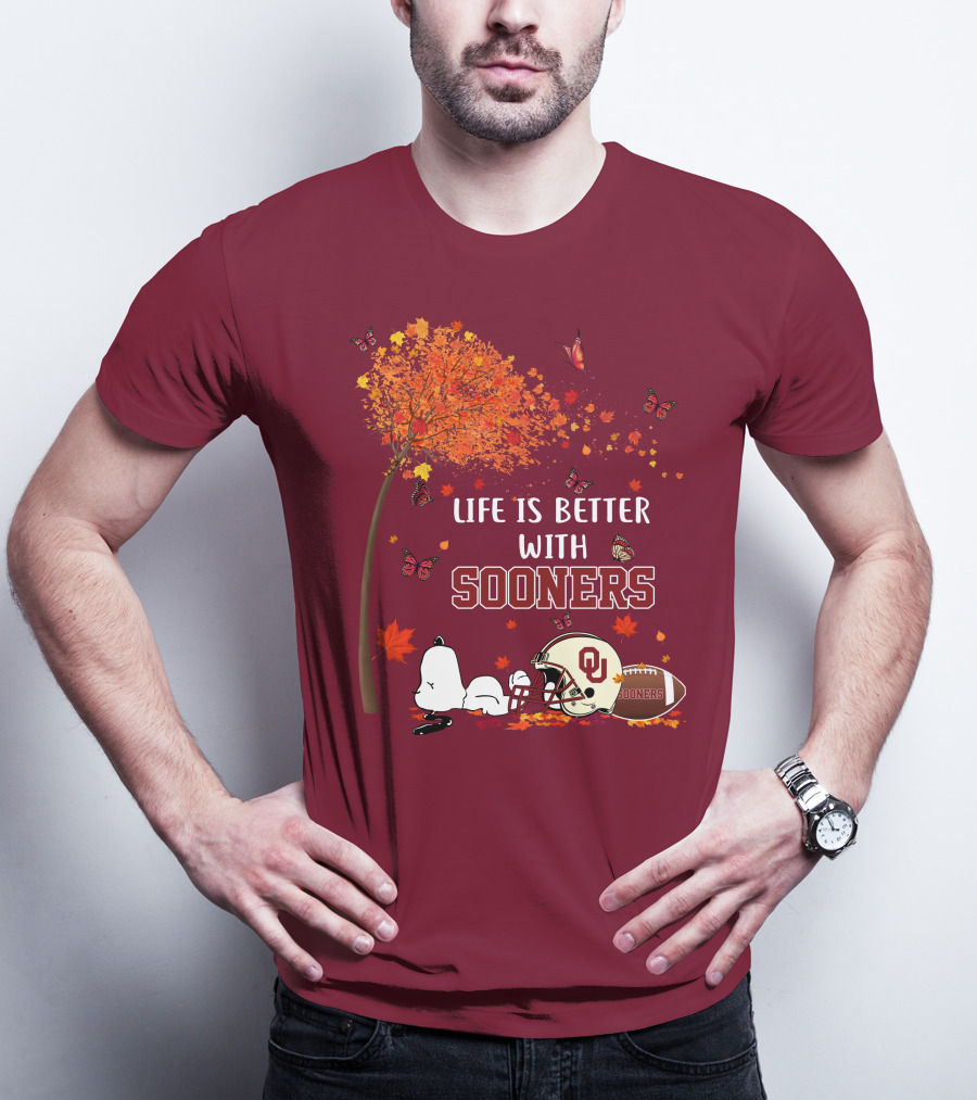 Life Is Better With Sooners Football Autumn Leaves And Butterflies T-Shirt