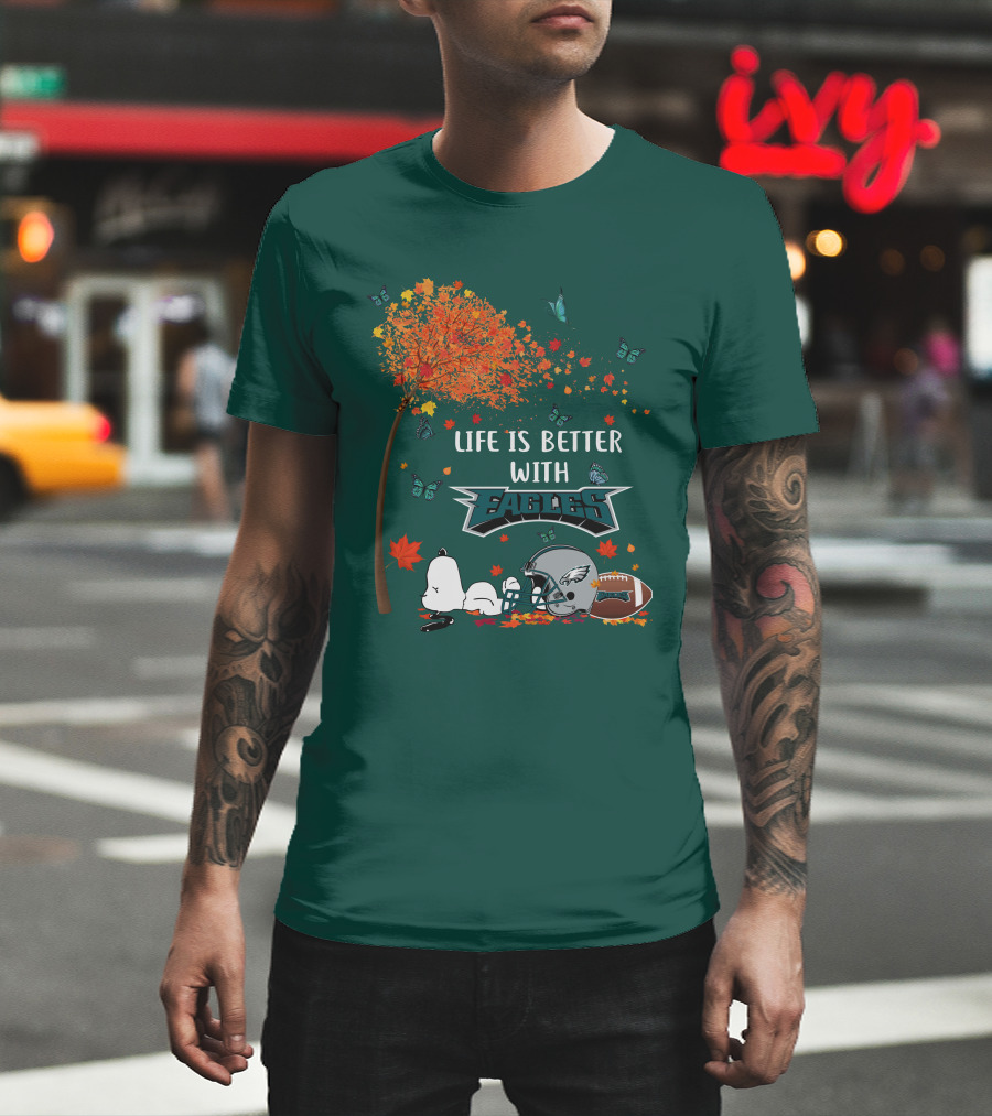Life Is Better With Eagles Football Autumn Leaves And Butterflies T-Shirt