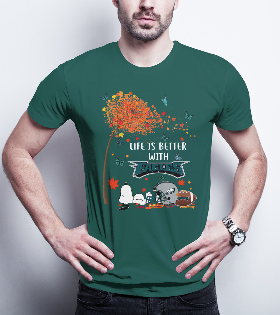 Life Is Better With Eagles Football Autumn Leaves And Butterflies T-Shirt