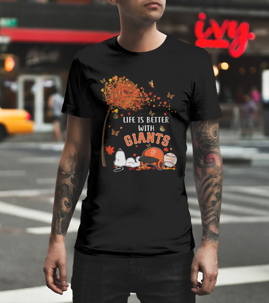 Life Is Better With Giants Snoopy Fall Leaves Baseball Cap T-Shirt