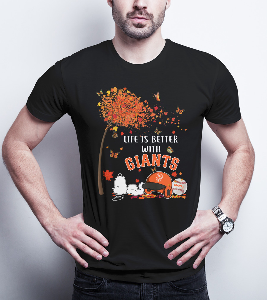 Life Is Better With Giants Snoopy Fall Leaves Baseball Cap T-Shirt
