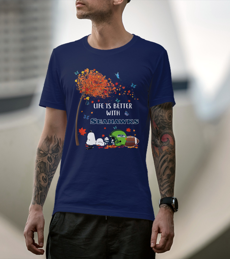 Life Is Better With Seattle Seahawks Autumn Leaves Football Helmet Snoopy And Woodstock T-Shirt