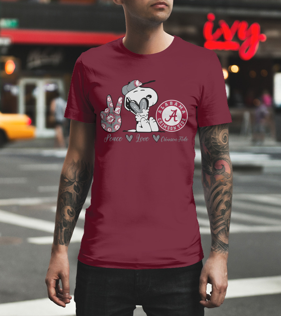 Peace Love Alabama Crimson Tide Snoopy Football Fan Gear T-Shirt
