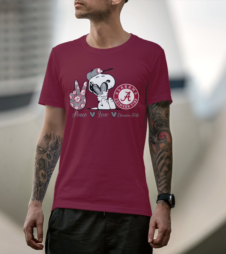 Peace Love Alabama Crimson Tide Snoopy Football Fan Gear T-Shirt