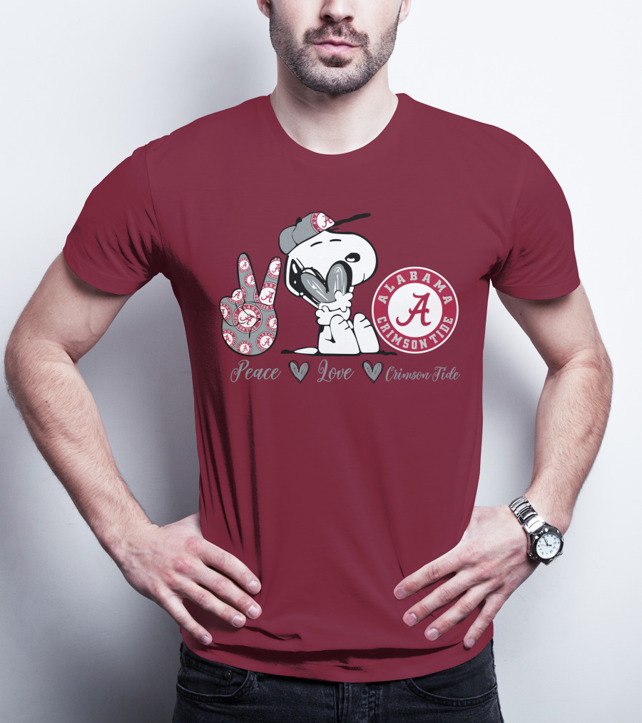 Peace Love Alabama Crimson Tide Snoopy Football Fan Gear T-Shirt