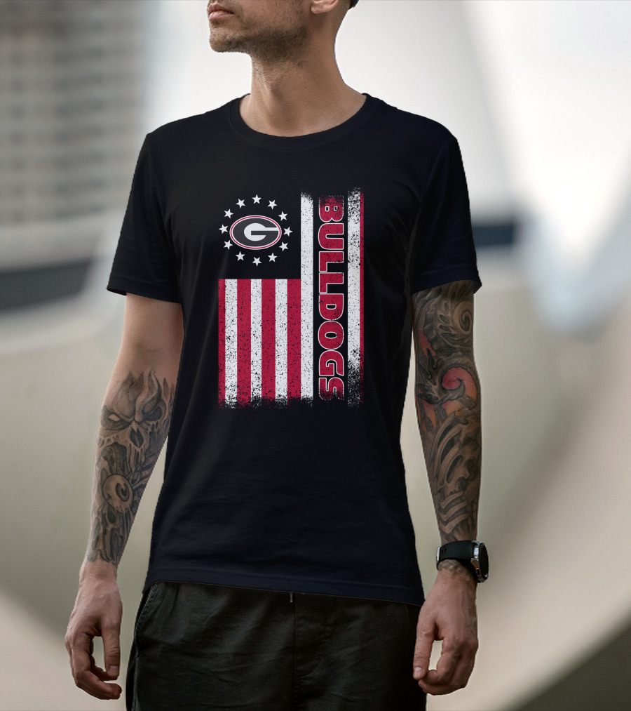 Georgia Bulldogs American Flag Design With G Logo And Vertical Bulldogs T-Shirt