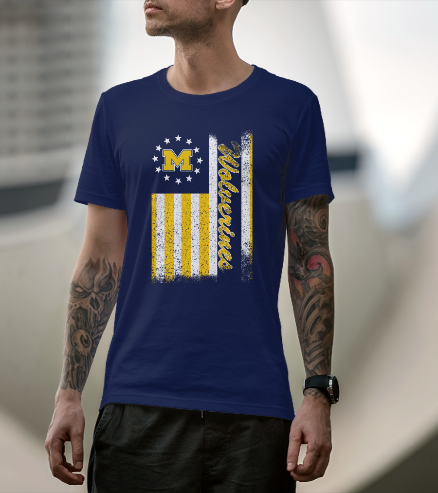 Michigan Wolverines M Logo American Flag Stars Stripes Edition T-Shirt