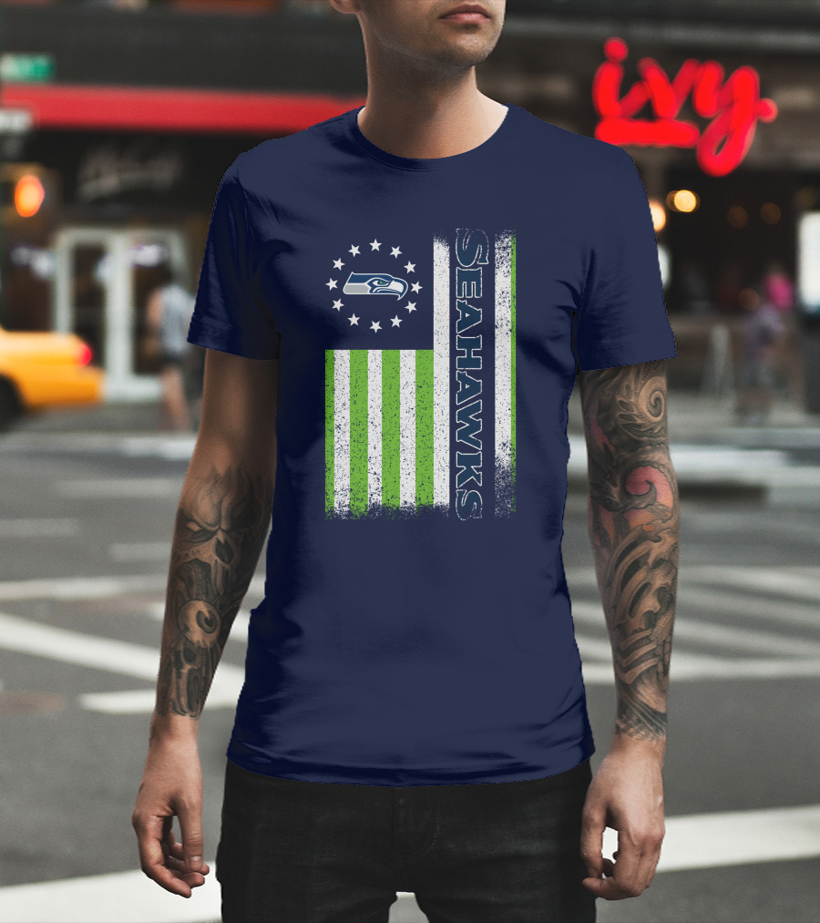 Seattle Seahawks American Flag Green Stripes 12 Stars T-Shirt