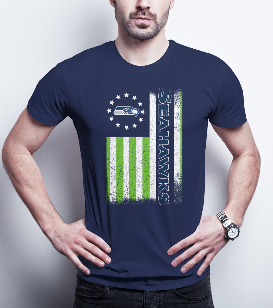 Seattle Seahawks American Flag Green Stripes 12 Stars T-Shirt