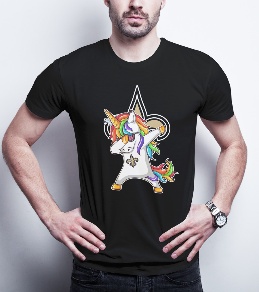New Orleans Saints Unicorn Dabbing Fleur-de-Lis Rainbow Mane T-Shirt