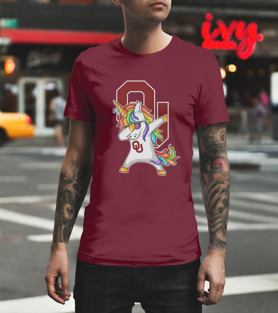 Oklahoma Sooners OU Logo Rainbow Unicorn Dabbing T-Shirt