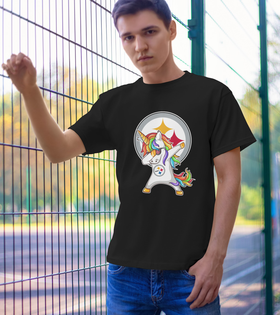 Pittsburgh Steelers Dabbing Unicorn Fan Design Rainbow T-Shirt