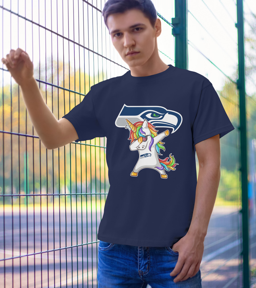 Seattle Seahawks Unicorn Dabbing Rainbow Hair T-Shirt