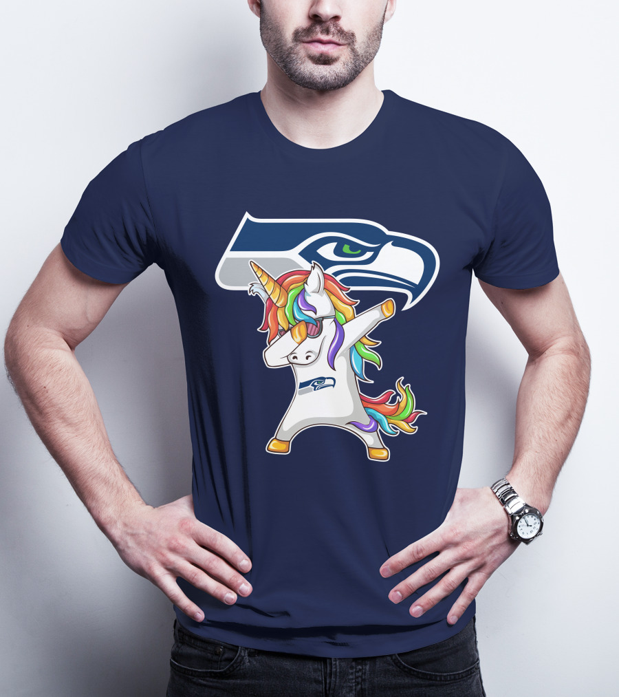 Seattle Seahawks Unicorn Dabbing Rainbow Hair T-Shirt