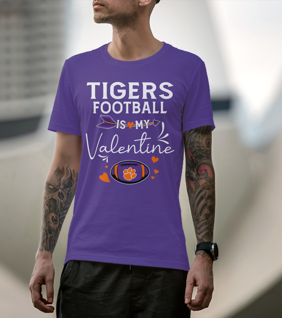 Tigers Football Is My Valentine With Paw Print And Hearts T-Shirt