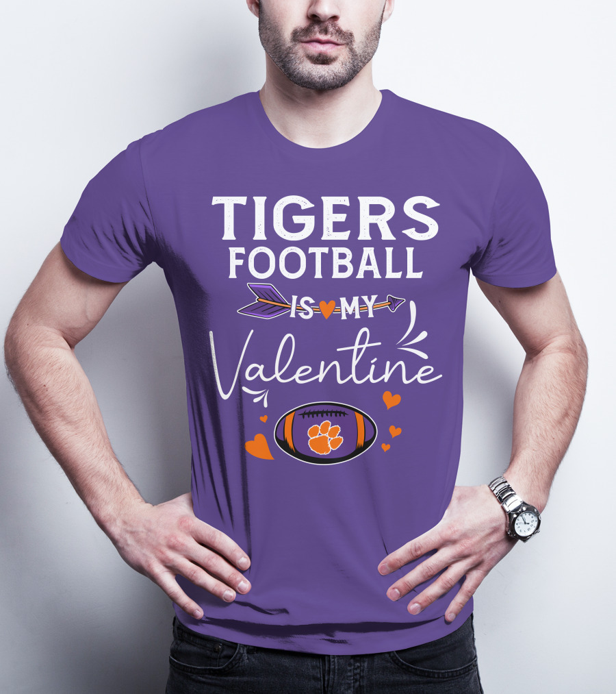 Tigers Football Is My Valentine With Paw Print And Hearts T-Shirt