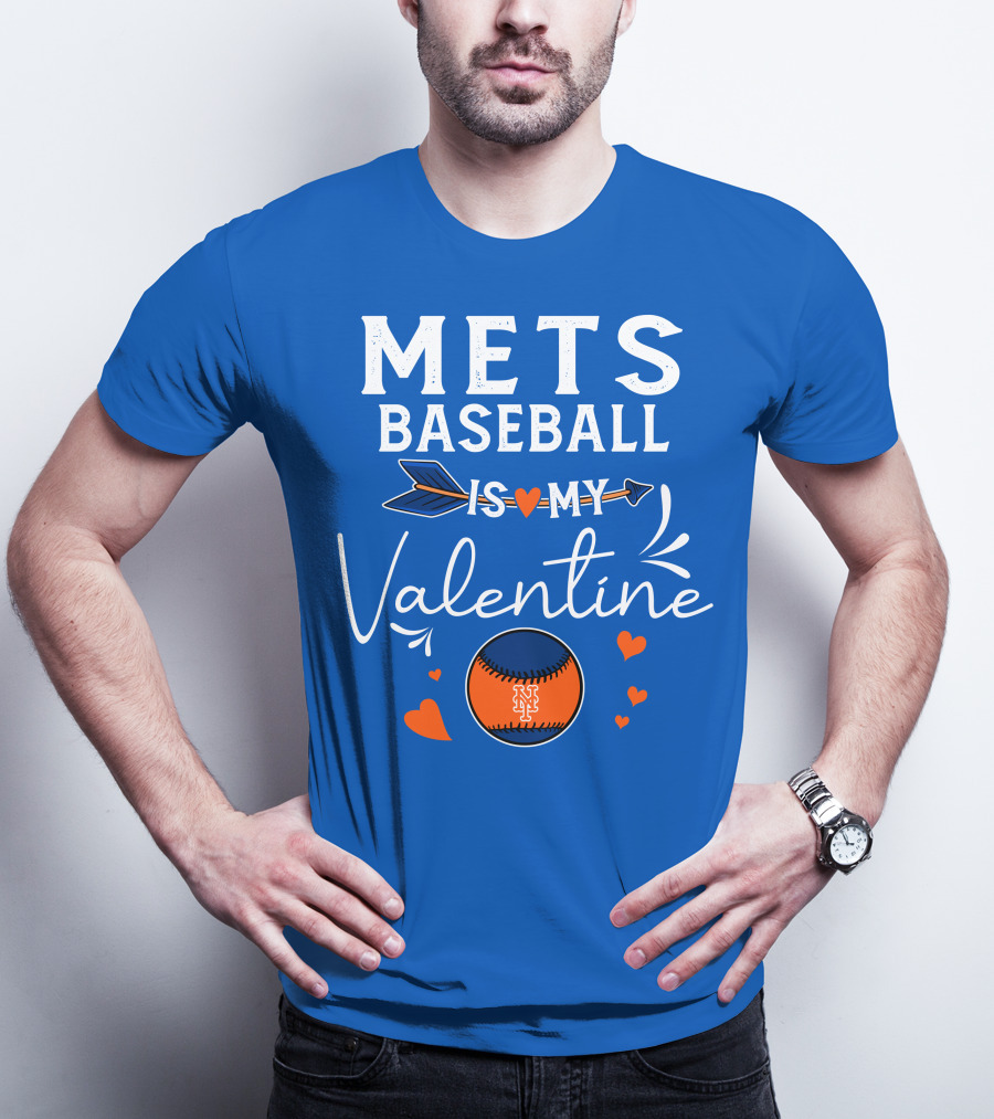Mets Baseball Is My Valentine Orange Blue Hearts And Baseball T-Shirt