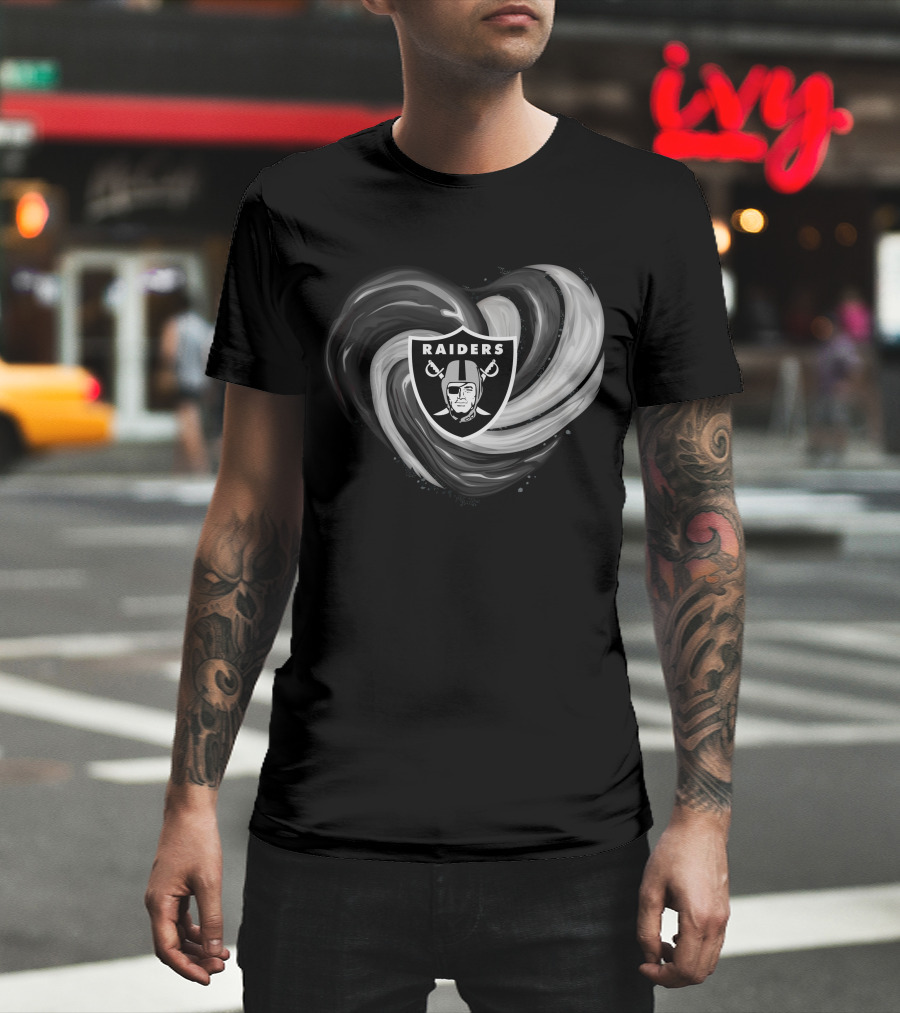 Las Vegas Raiders Heart Design With Logo In Black And White Swirl T-Shirt