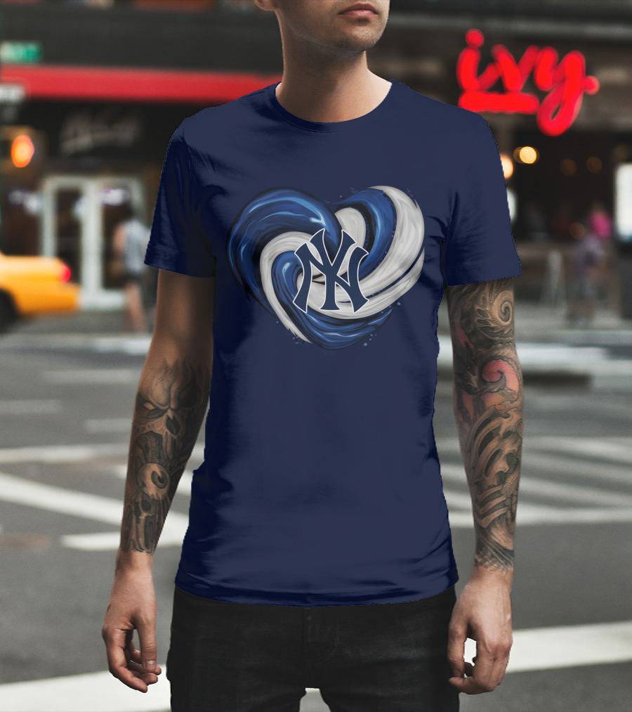 New York Yankees Heart Logo In Blue And White Swirl T-Shirt