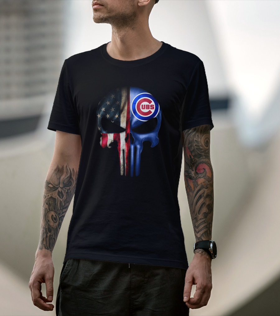 Chicago Cubs Punisher Skull American Flag T-Shirt