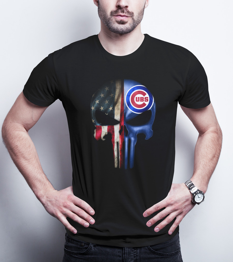 Chicago Cubs Punisher Skull American Flag T-Shirt
