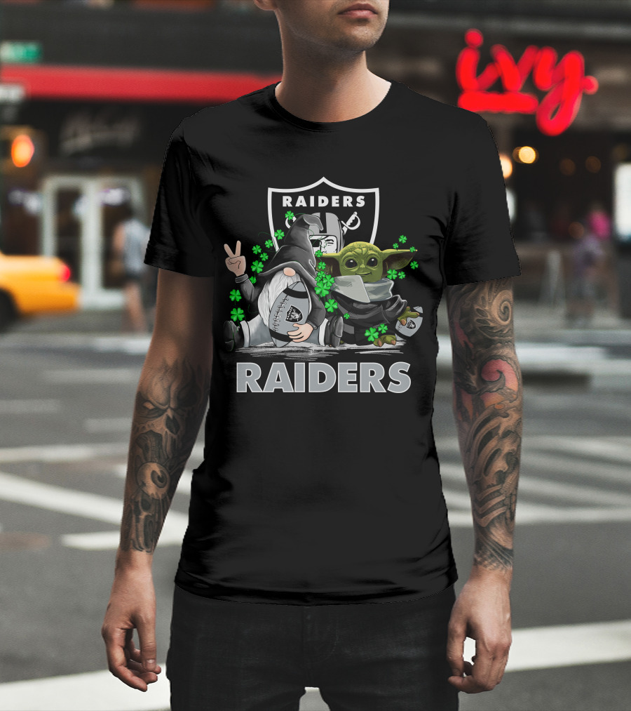 Leprechauns Gnomes Baby Yoda Hug Raiders Football Peace Shamrocks T-Shirt