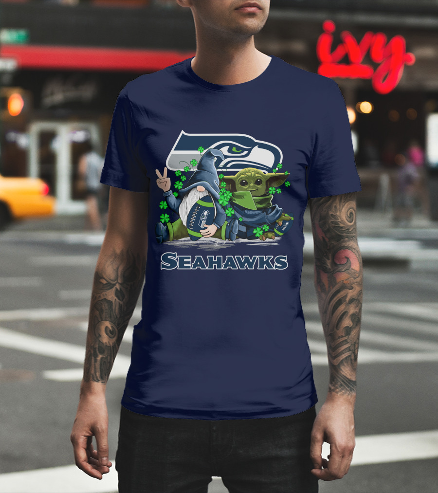 Leprechauns Gnomes Baby Yoda Seattle Seahawks Hug Football T-Shirt