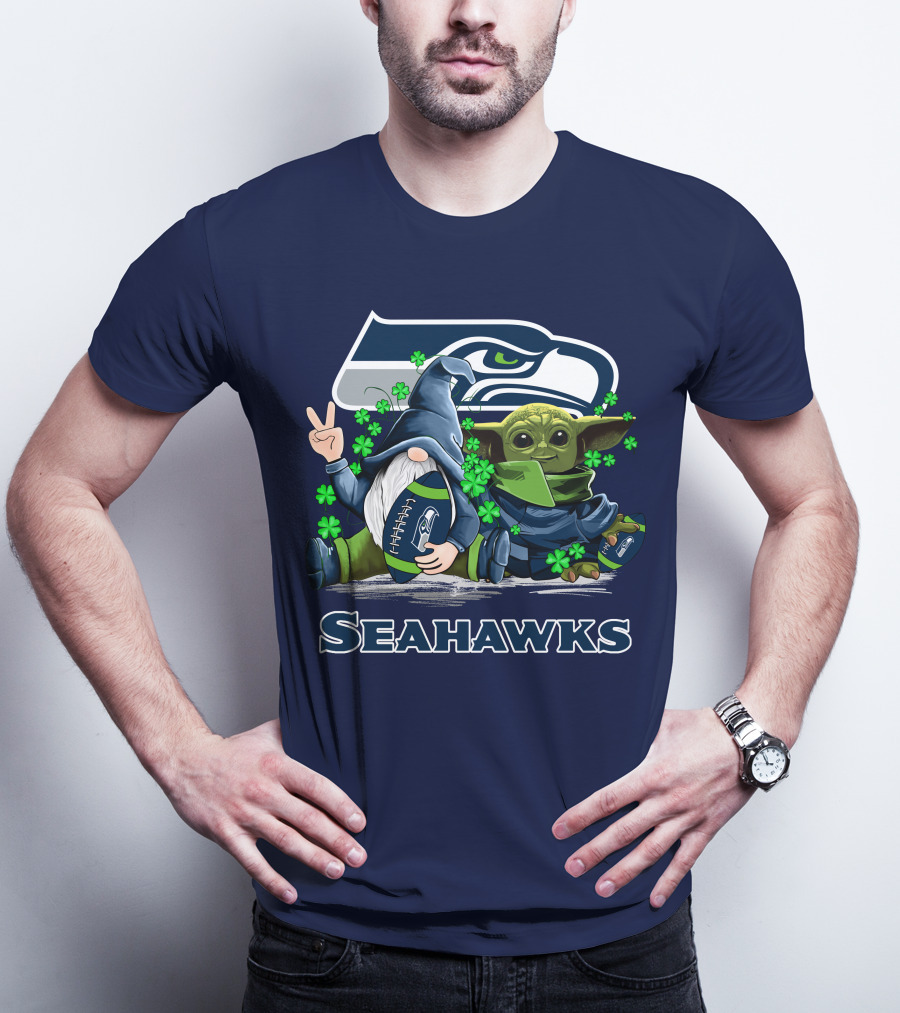 Leprechauns Gnomes Baby Yoda Seattle Seahawks Hug Football T-Shirt