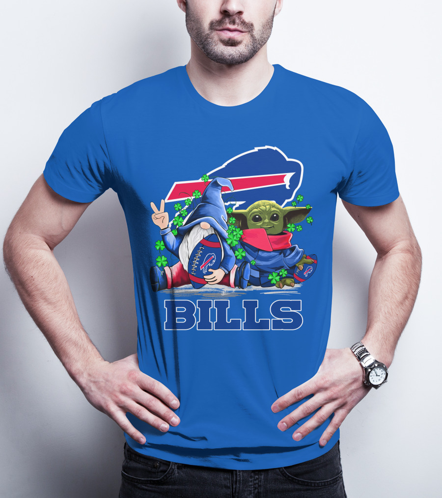 Leprechauns Gnomes Baby Yoda Hug Buffalo Bills Football Team Logo Shamrocks T-Shirt