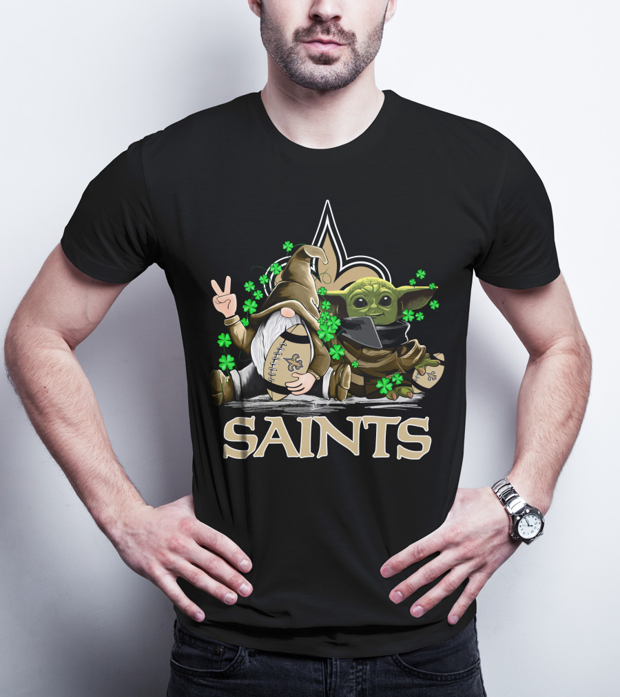 Leprechauns Gnomes Baby Yoda New Orleans Saints Football Shamrocks T-Shirt