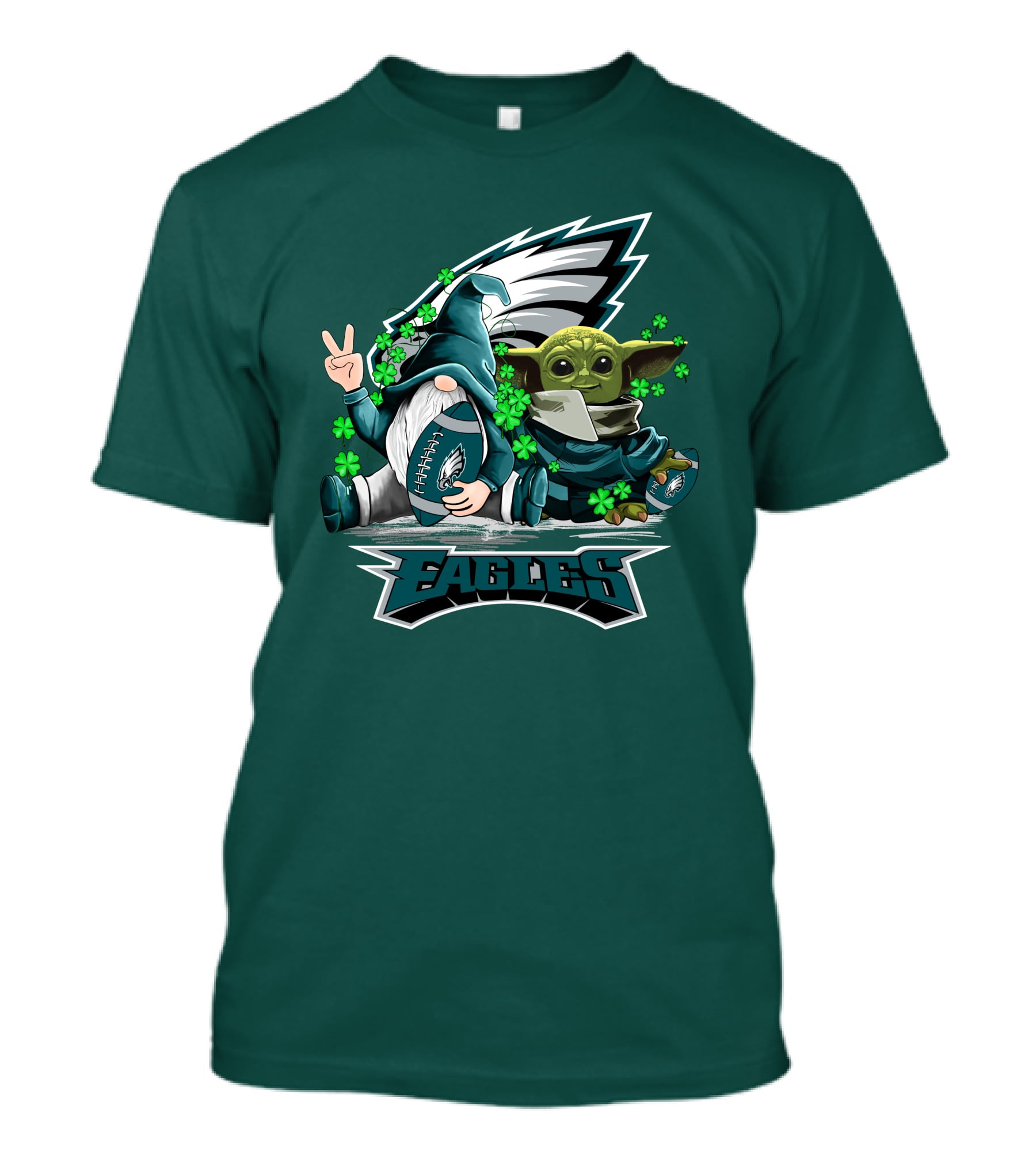 Philadelphia Eagles Leprechauns Gnomes Baby Yoda Hug Football T-Shirt