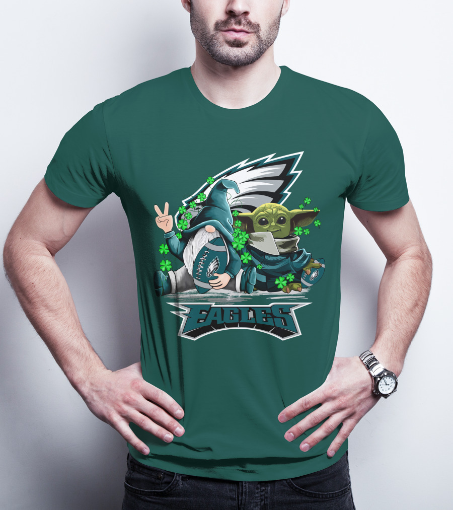 Philadelphia Eagles Leprechauns Gnomes Baby Yoda Hug Football T-Shirt
