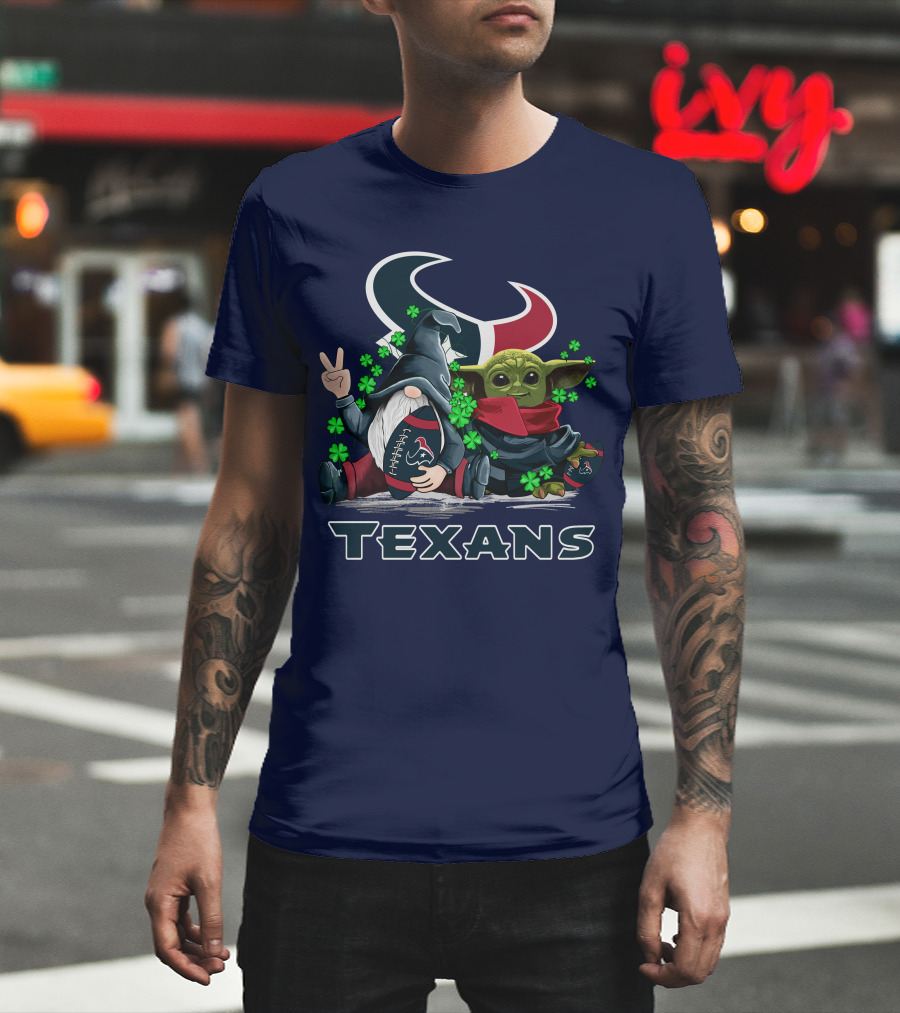 Leprechauns Gnomes Baby Yoda Houston Texans Football Clover T-Shirt