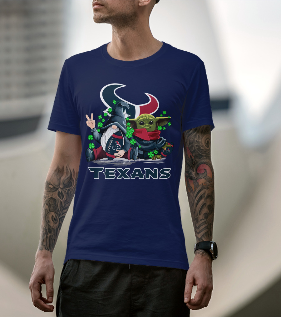 Leprechauns Gnomes Baby Yoda Houston Texans Football Clover T-Shirt