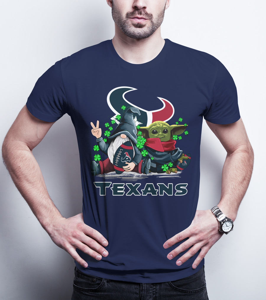 Leprechauns Gnomes Baby Yoda Houston Texans Football Clover T-Shirt
