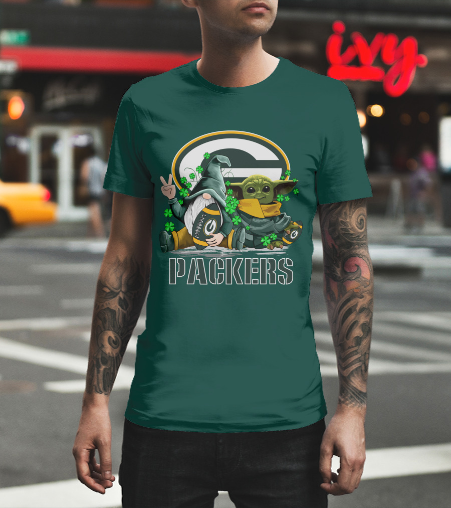 Leprechauns Gnomes Baby Yoda Packers Logo Shamrocks Hug Green Bay T-Shirt