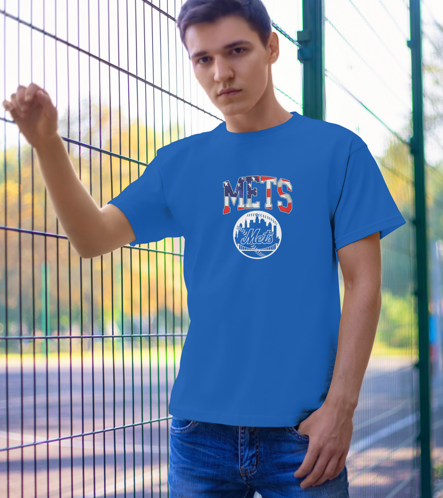 Mets American Flag Skyline Baseball T-Shirt