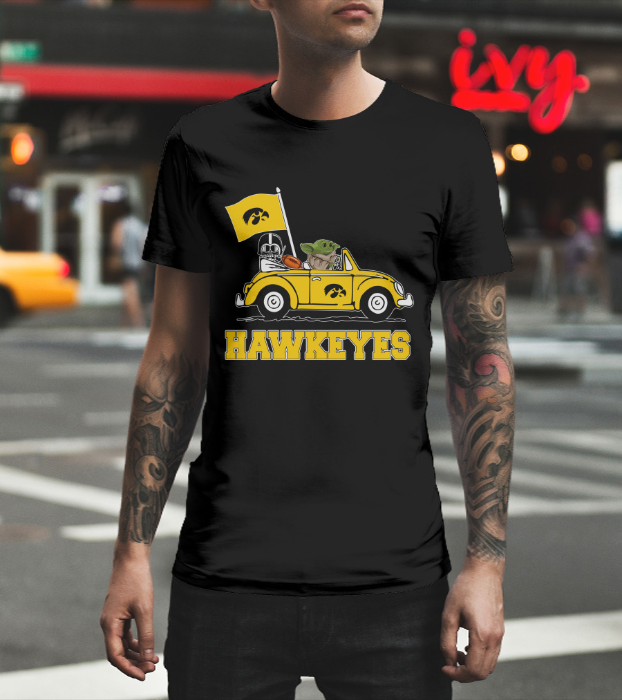 Iowa Hawkeyes Darth Vader Baby Yoda Driving Yellow Car Star Wars T-Shirt