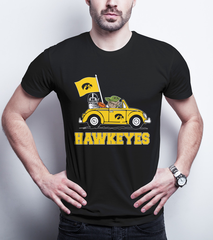 Iowa Hawkeyes Darth Vader Baby Yoda Driving Yellow Car Star Wars T-Shirt