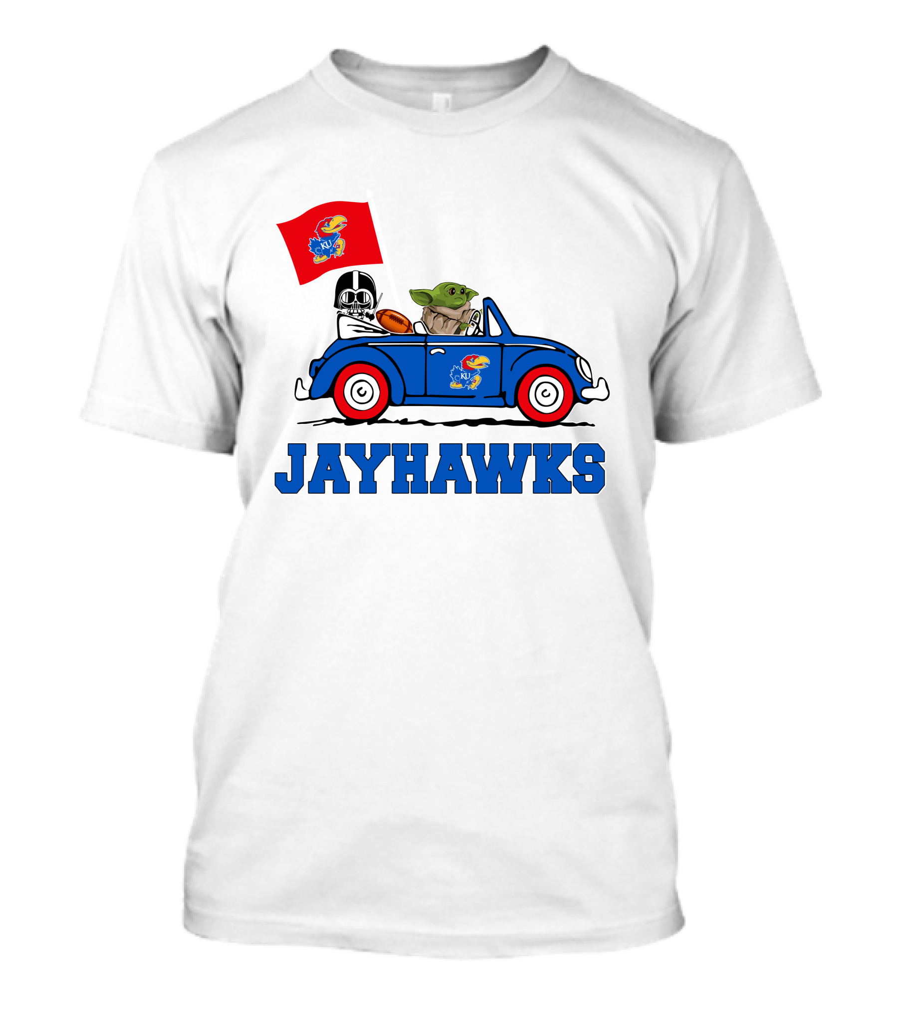 Kansas Jayhawks Darth Vader Baby Yoda Driving With Flag Star Wars Football T-Shirt