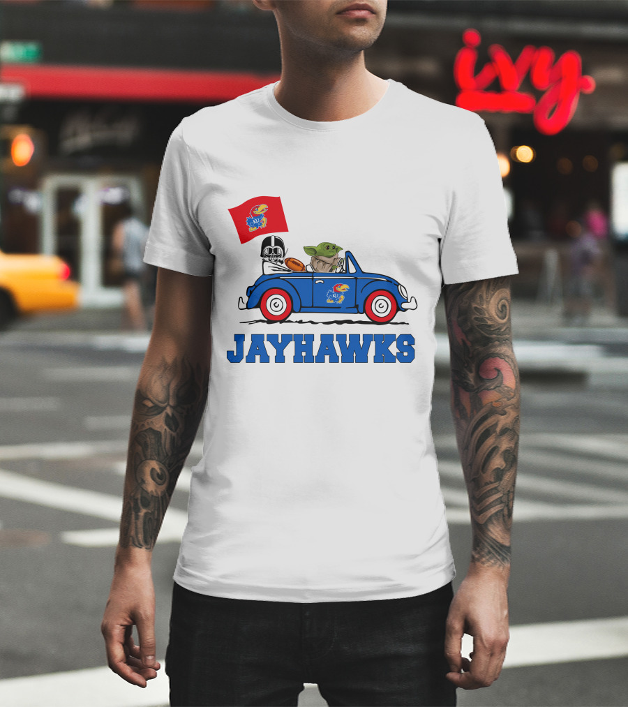 Kansas Jayhawks Darth Vader Baby Yoda Driving With Flag Star Wars Football T-Shirt